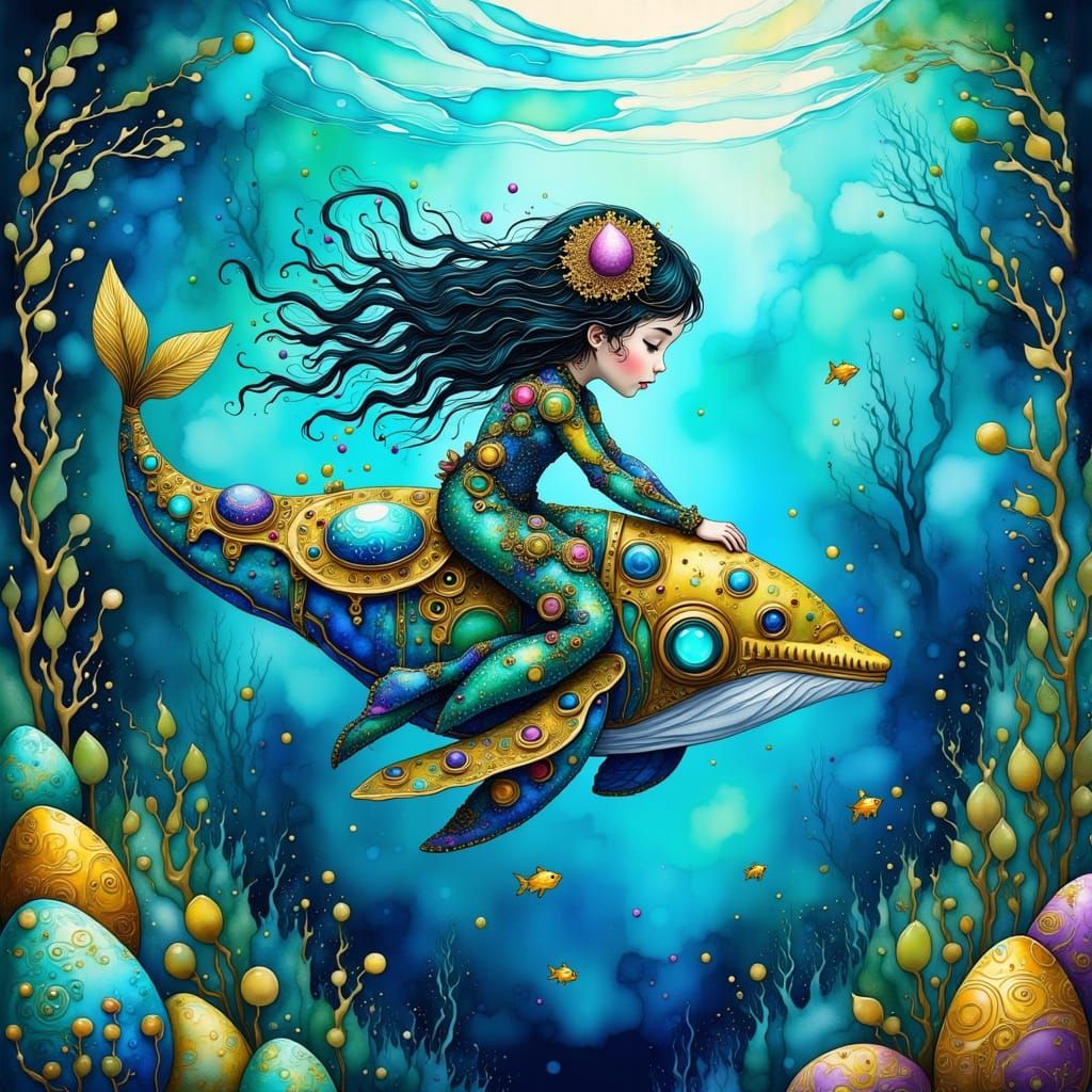 Whimsical Robot Mermaid Rides Robot Whale in Under... - AI Art