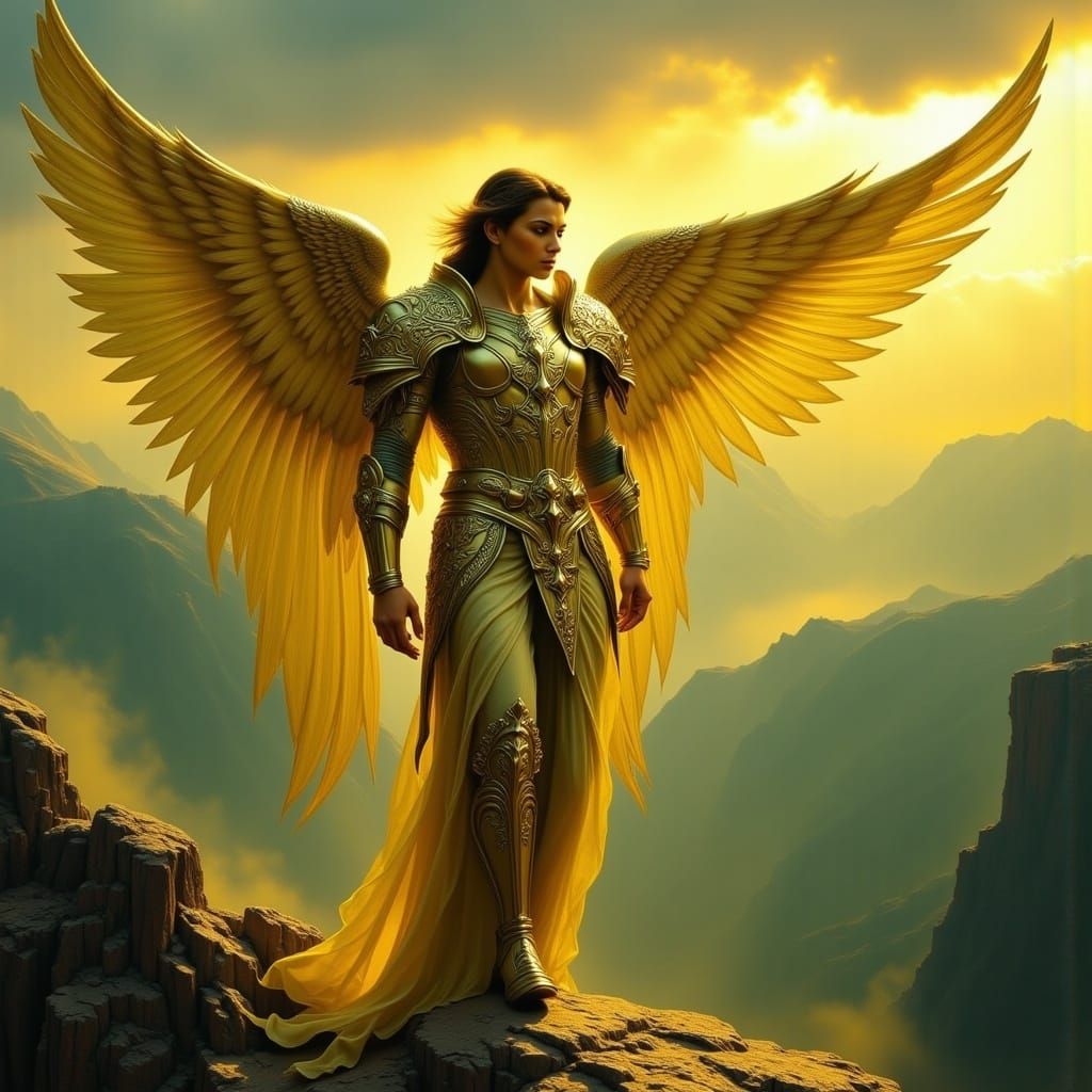 Golden-Winged Angel Warrior Emerges from Golden Ho... - AI Art