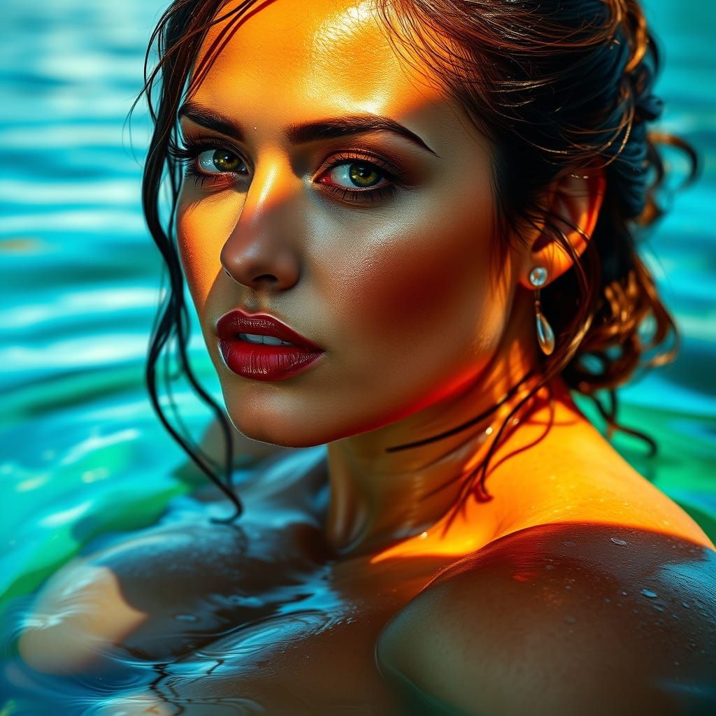 s beautiful female arising from a lake, drenched with water, sultry ...