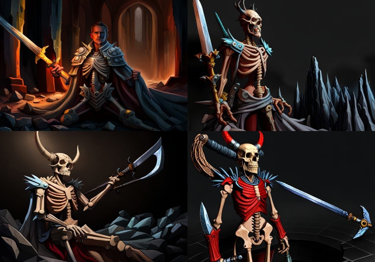 A spiked horned semiork-semihuman skeleton with armored joints stands ...