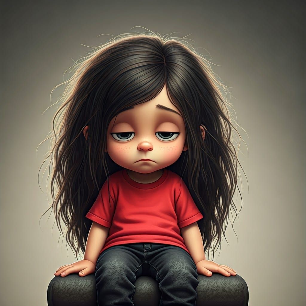 A 3D animated 6-year-old girl with long messy dark hair, he sat on a ...