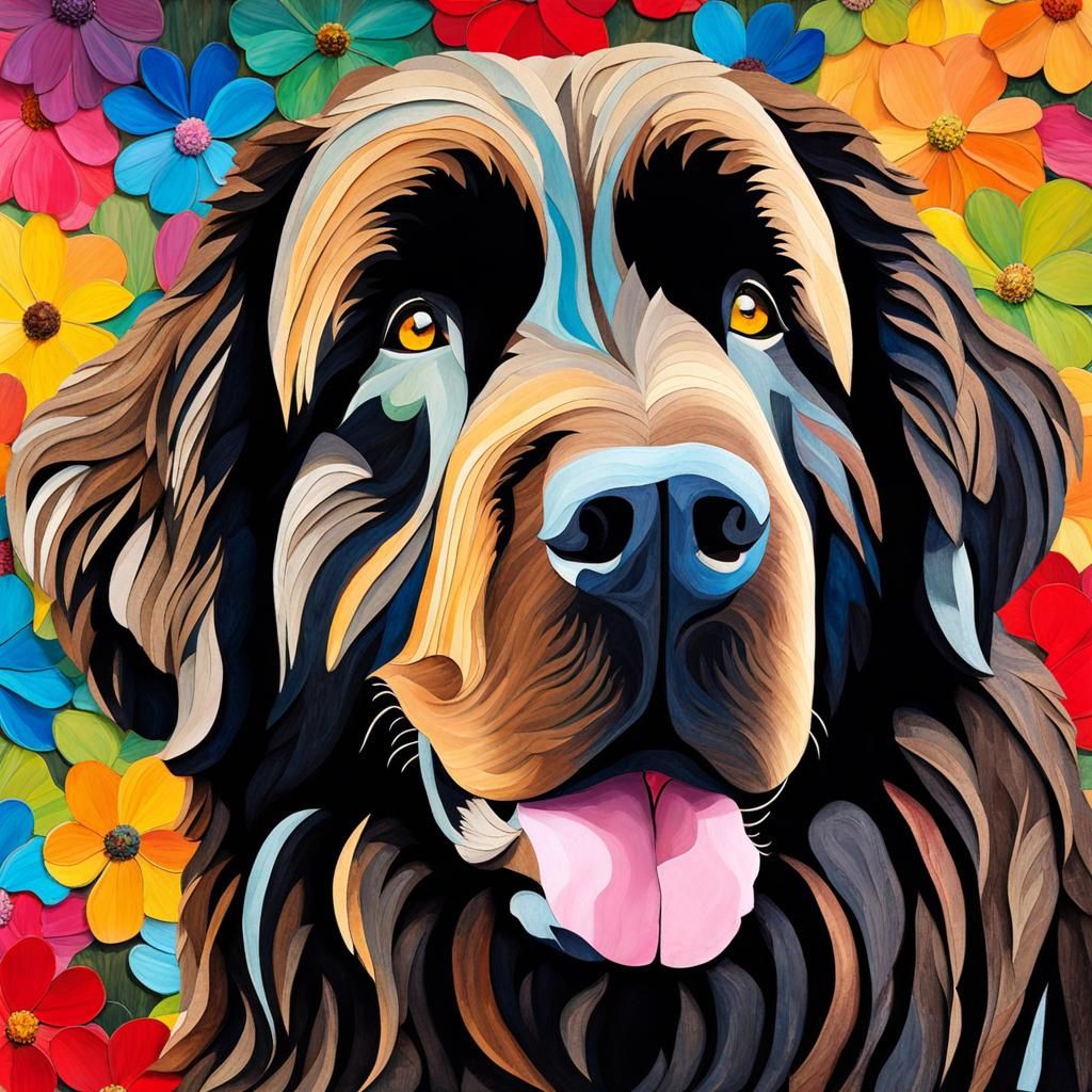 Happy Portrait of a Newfoundland dog collage art - AI Generated Artwork ...