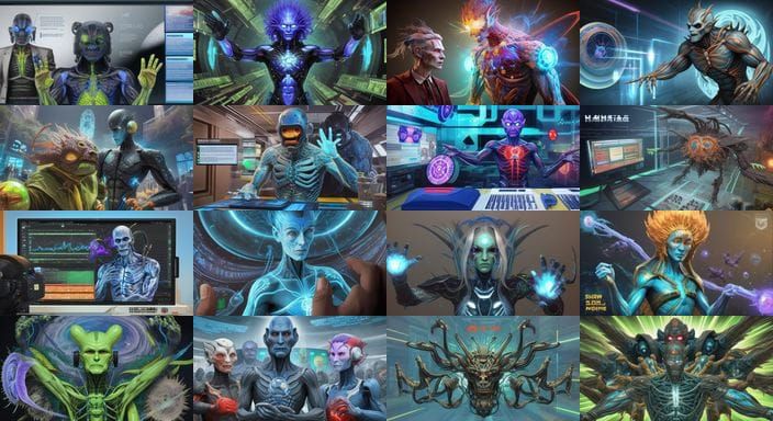 Bioluminescent Humanoids Gather in Neon Luminous C... - AI Art