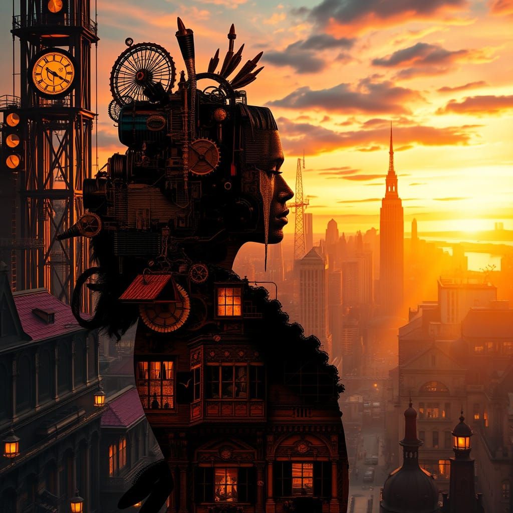 Steampunk Skyline by Night - Steampunk Metropolis at Sunset