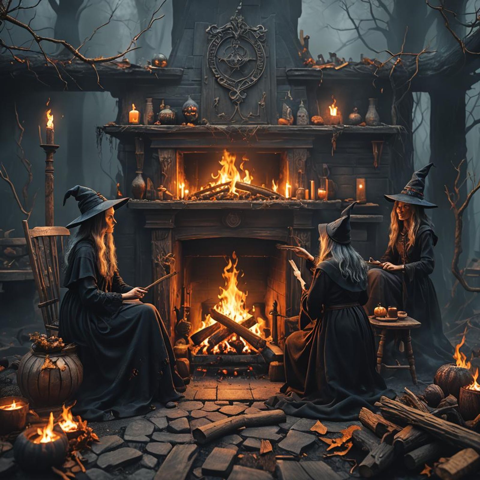 Several witches around a fireplace with fire in a dark misty wood 8k ...
