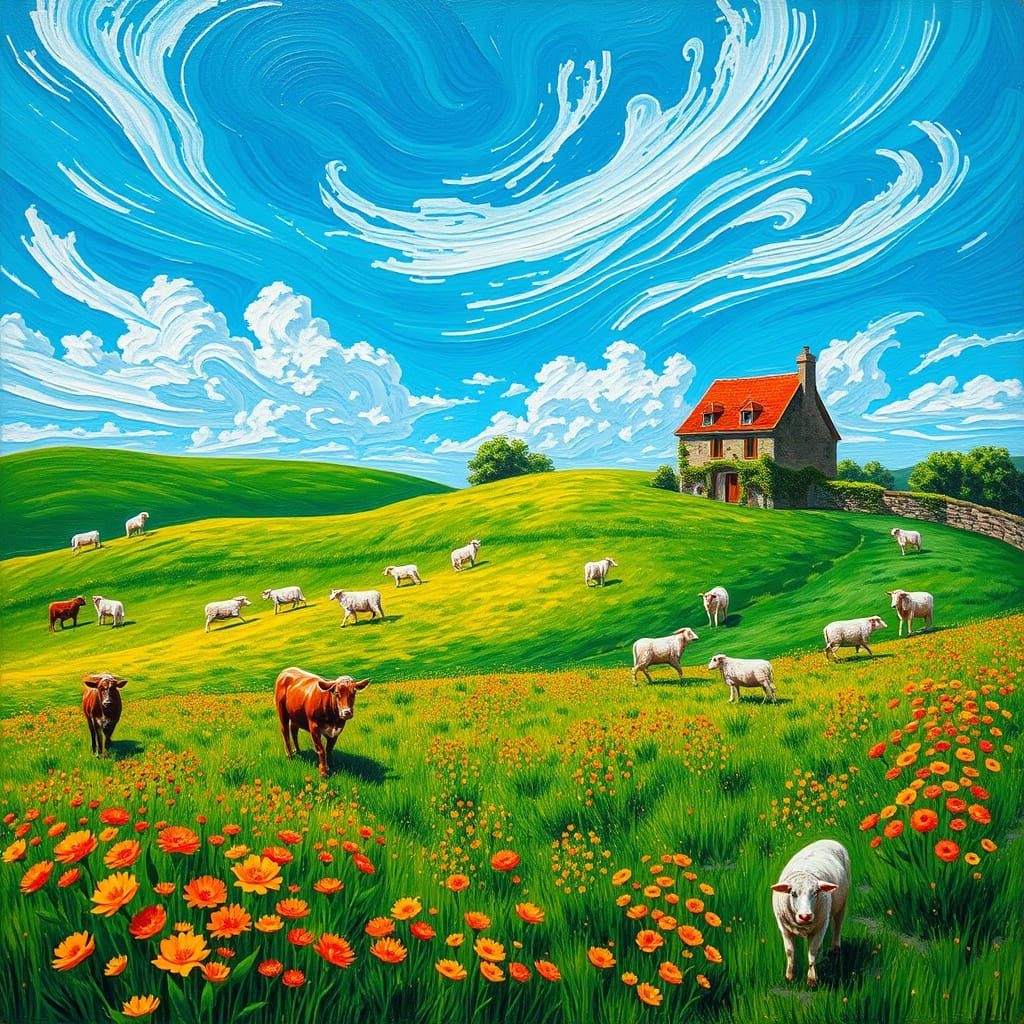 French Countryside Scene with Rolling Pastures and... - AI Art