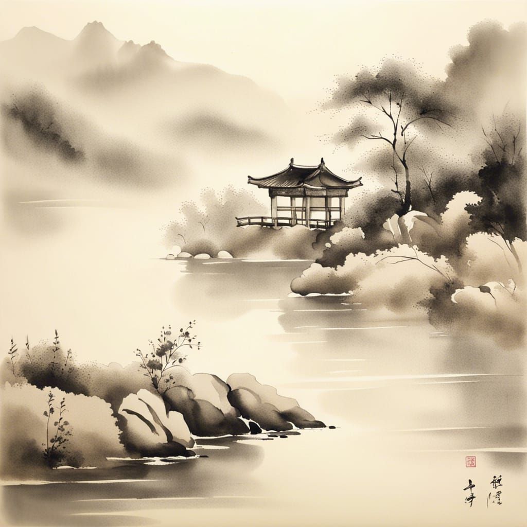 KOREAN INK WASH painting done on mulberry paper with river, light and ...