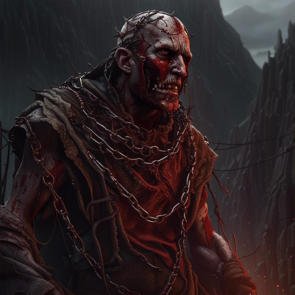 Male Executioner monk leper wrapped in bloody chains and barbed wire ...