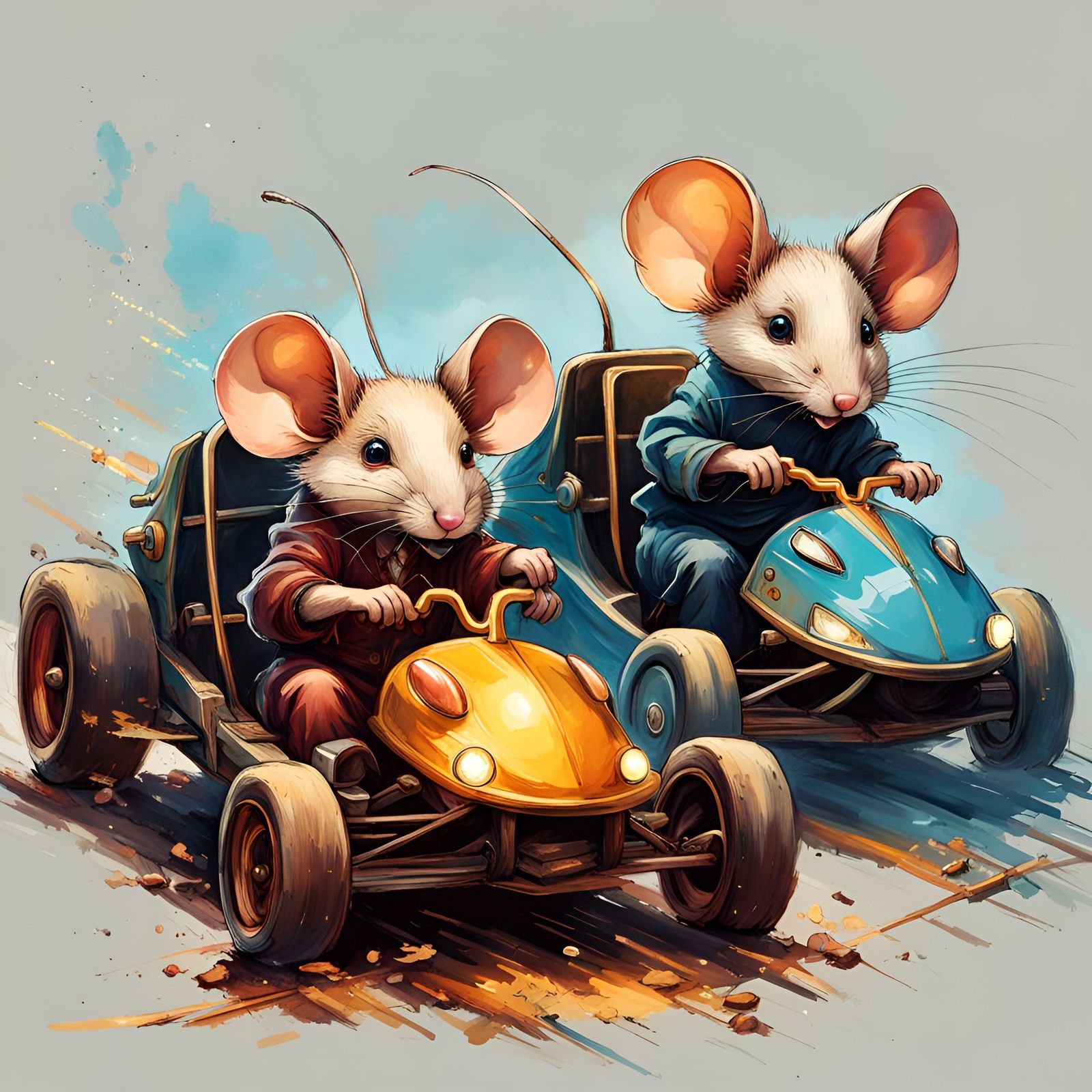 Anime picture of two cute mice racing in go carts, sharp focus ...