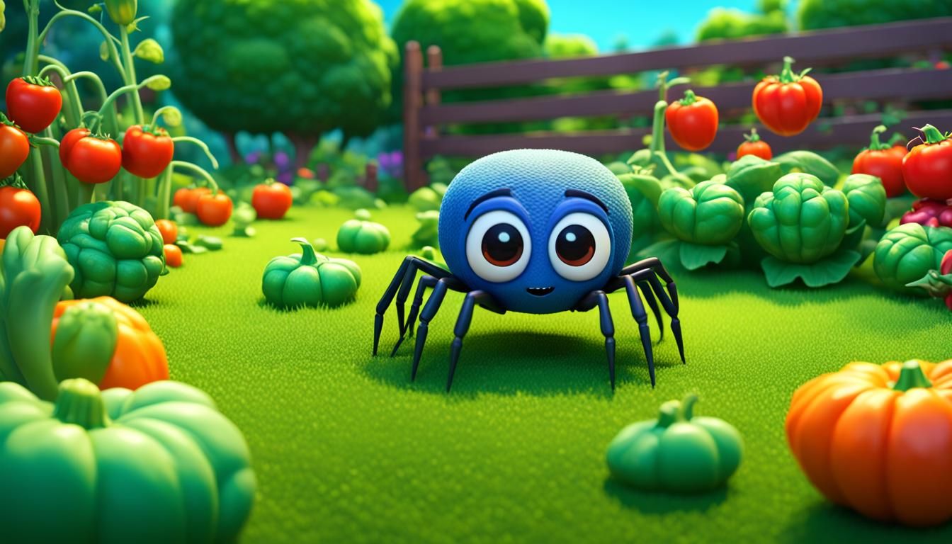 Cute chibi spider, in the garden, between the beds with vegetables ...