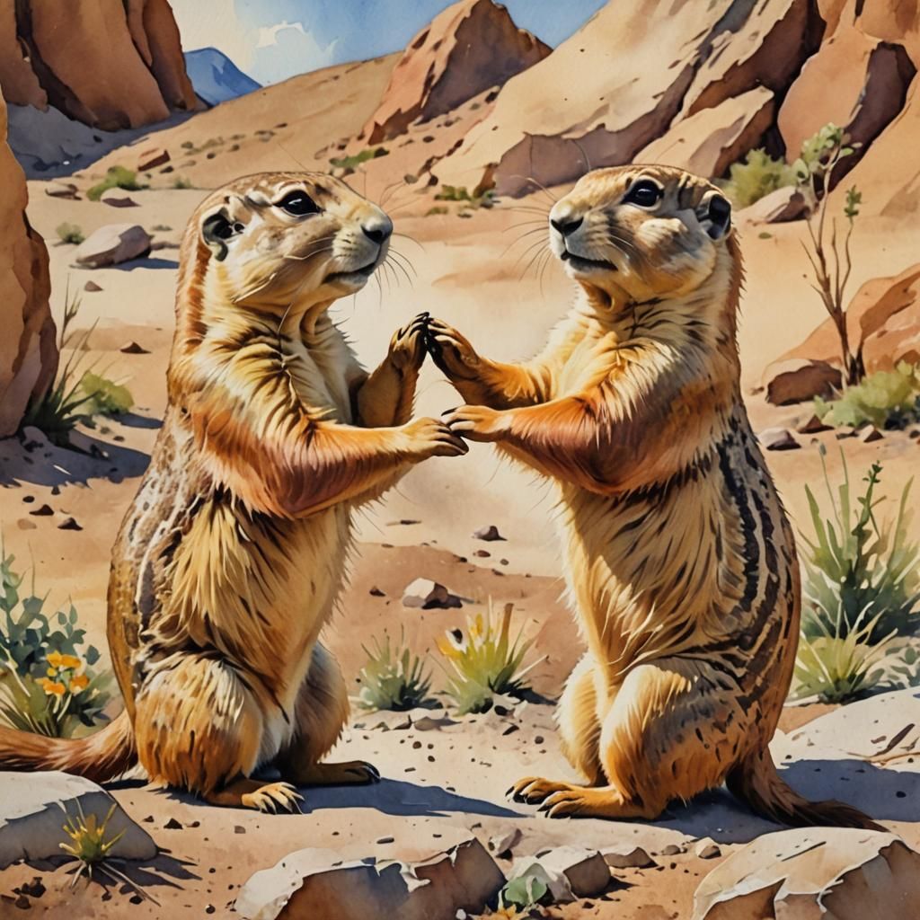 two prairie dogs standing on their back legs giving each other a high ...