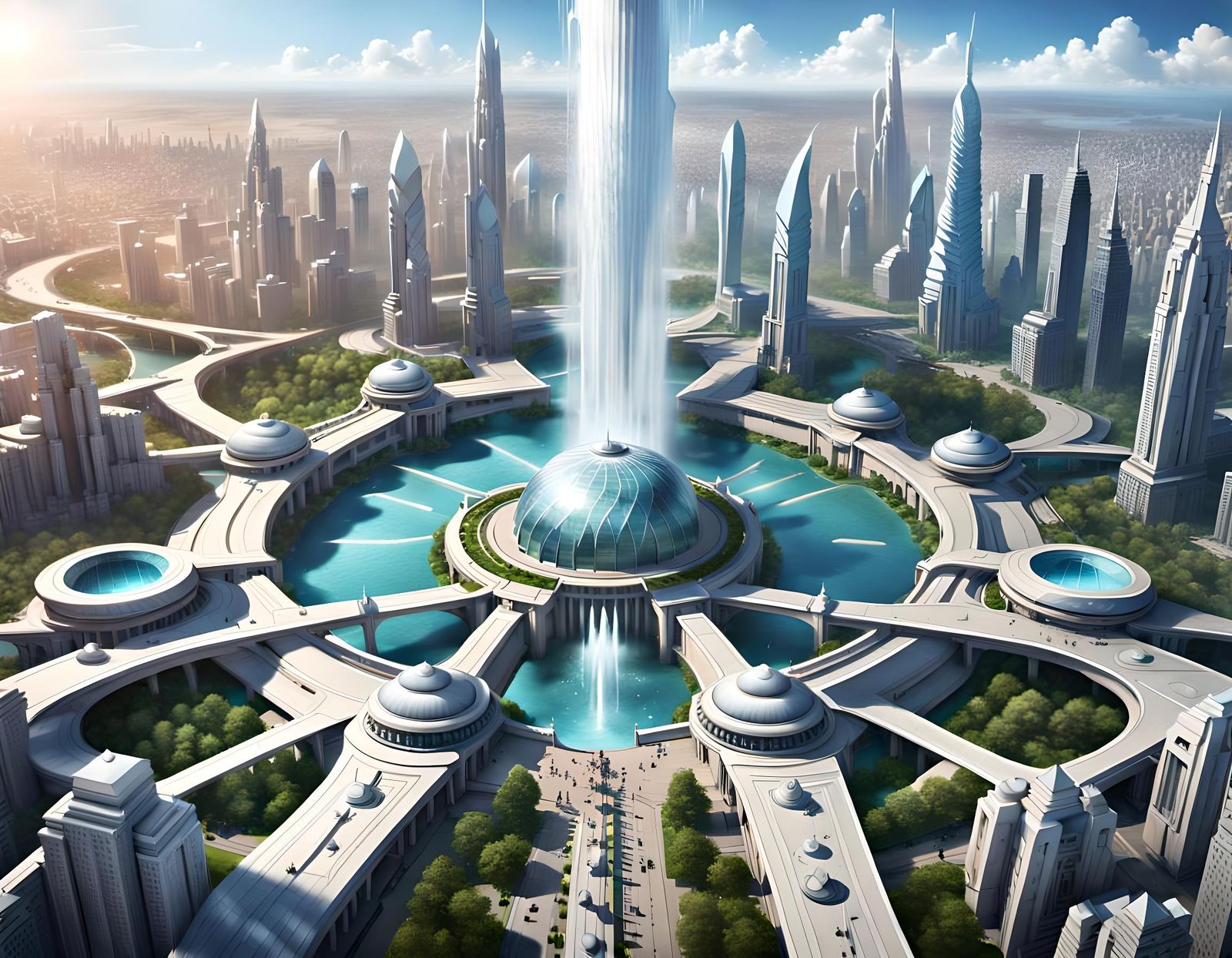 An aerial view of a city with a fountain, huge futuristic temple city - AI Generated Artwork ...