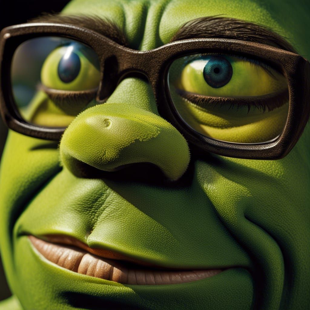 Close-up of Shrek with sunglasses on his nose and two beautiful green ...