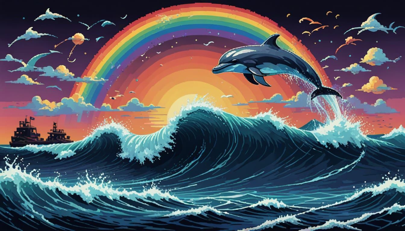 frutiger aero - Pixelated Dolphins Ride a Pipe Wave in a Nos...