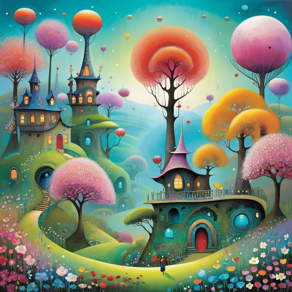 Whimsical Spring Fantasy Landscape in Vibrant Colo... - AI Art