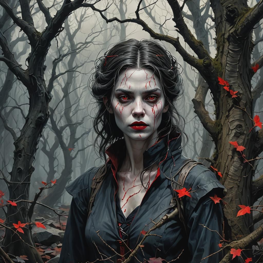 Vampire, pencil semi grayscale sketch, (binary art:1.32), (generative:0.32), ((red lips)) - AI ...