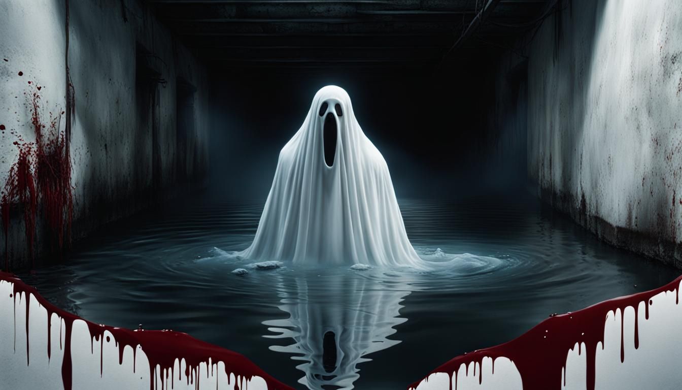 A chilling scene depicts a white ghost with a blood-stained face ...