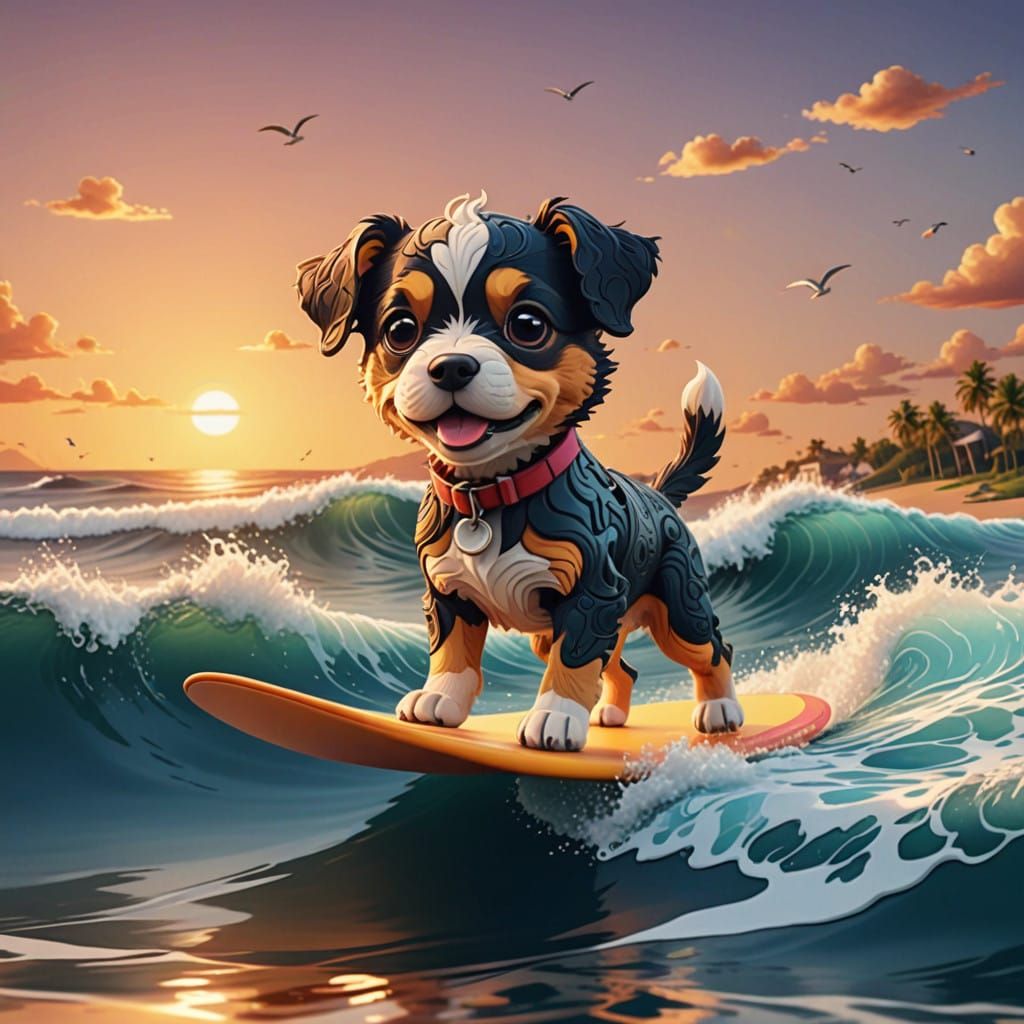 little surfer - Cute Cartoon Dog Surfer on Sunset Ocean