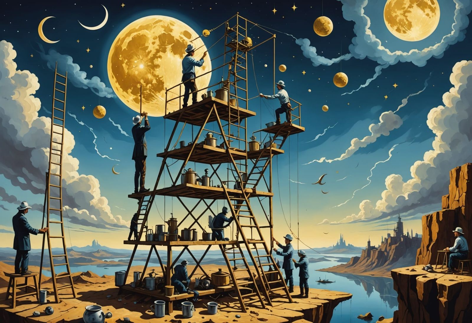 Surrealist Sky Repair: Workers Mend Celestial Fabr... - AI Art