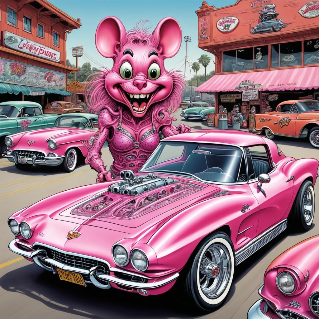 Pink Rat Fink (woman:1.2), Chevy Corvette - AI Generated Artwork ...