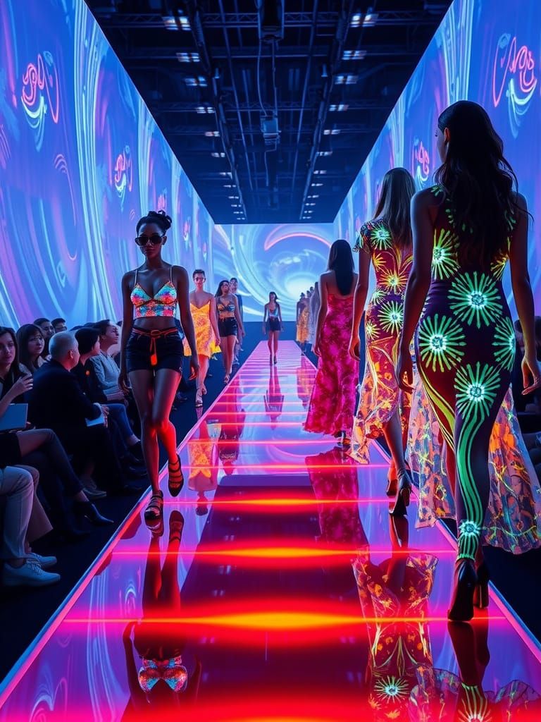A futuristic runway with digital clothing and animated designs.