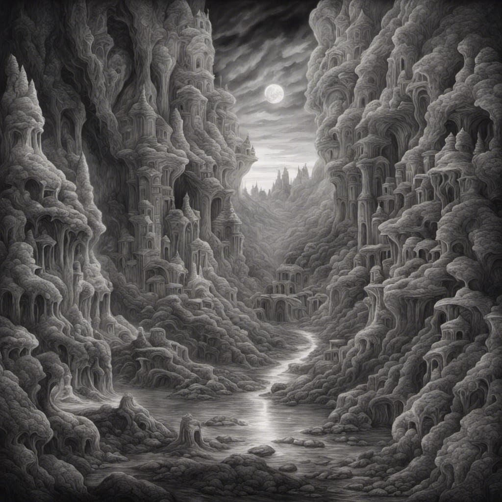 a hauntingly beautiful charcoal drawing landscape with fantastical ...