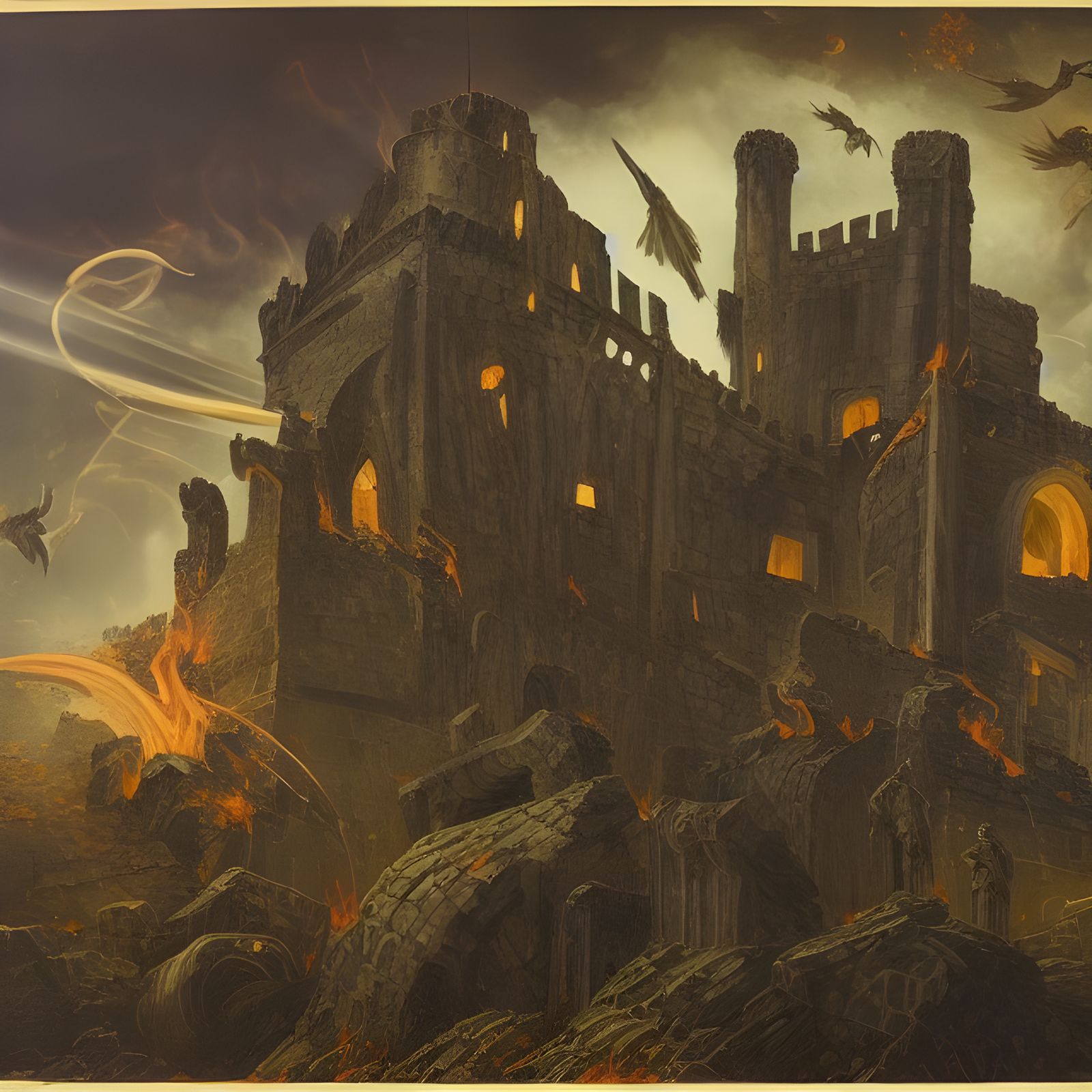 Ruins of a medieval castle on fire with angels and demons fighting each ...