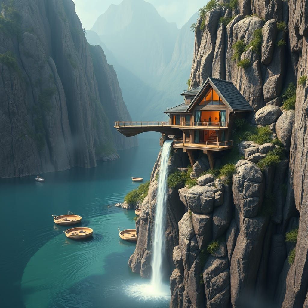 Surreal Cliffside Mansion Overlooks Enchanted Oasi... - AI Art