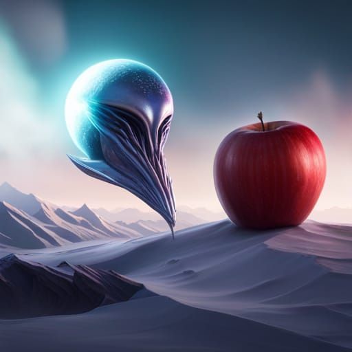 An alien worm sticking his head out of a stunning apple. Cosmic Epic ...