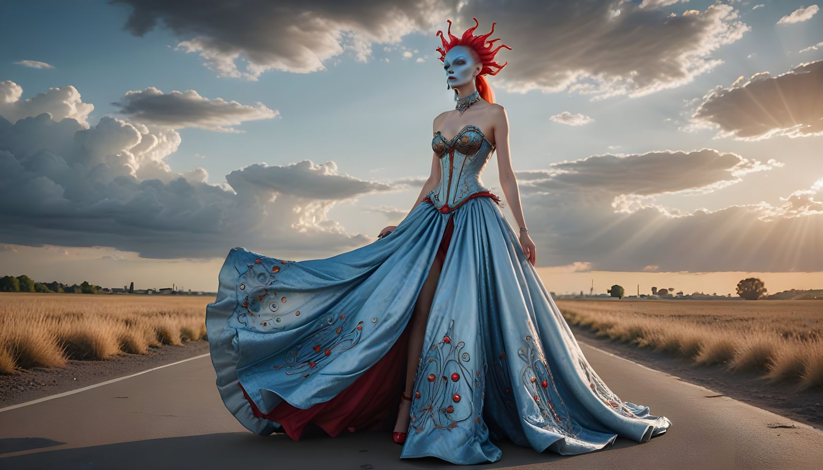 Photoshoot - Alien Runway Model in Sequined Corset and Embro...