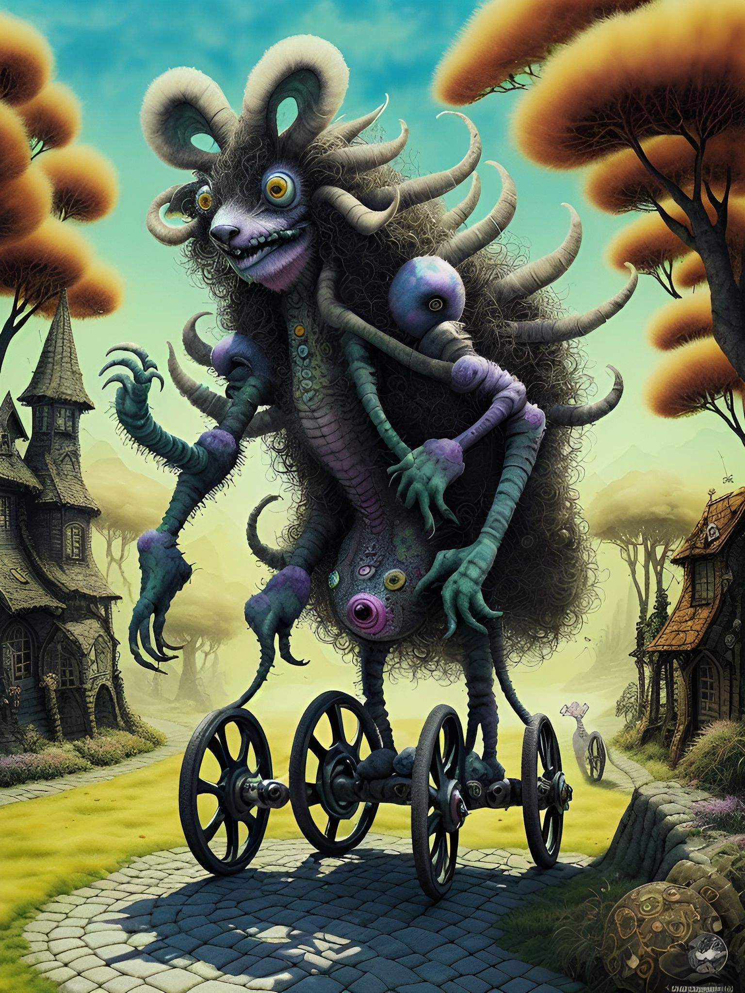 Very tall impossibly weird creatures wandering with spoked wheels for ...