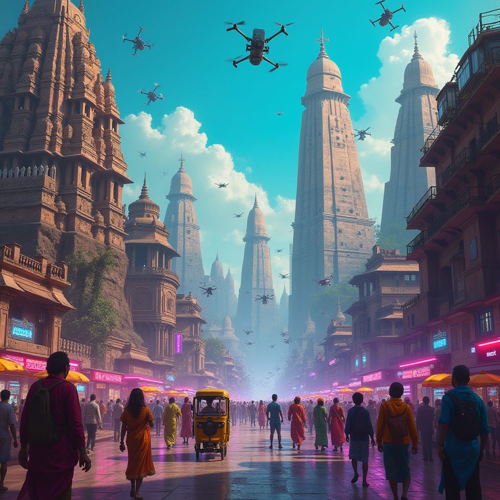 Futuristic cityscape in India with ancient temples and drones