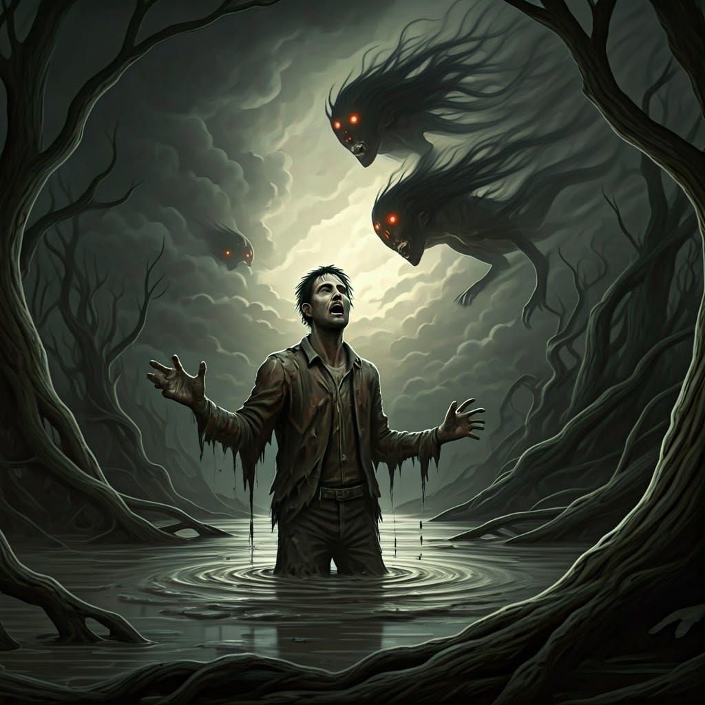 Man Trapped in Muddy Hell, Beset by Twisted Demons - AI Art