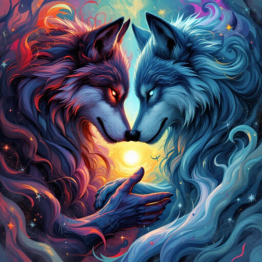 two wolfs, yin and yang the intertwined destiny 8k resolution concept art by Greg Rutkowski ...