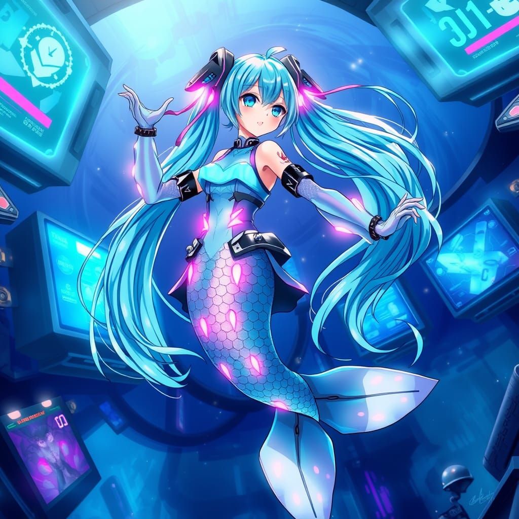 Hatsune Miku as Futuristic Sci-Fi Mermaid Hero - AI Art