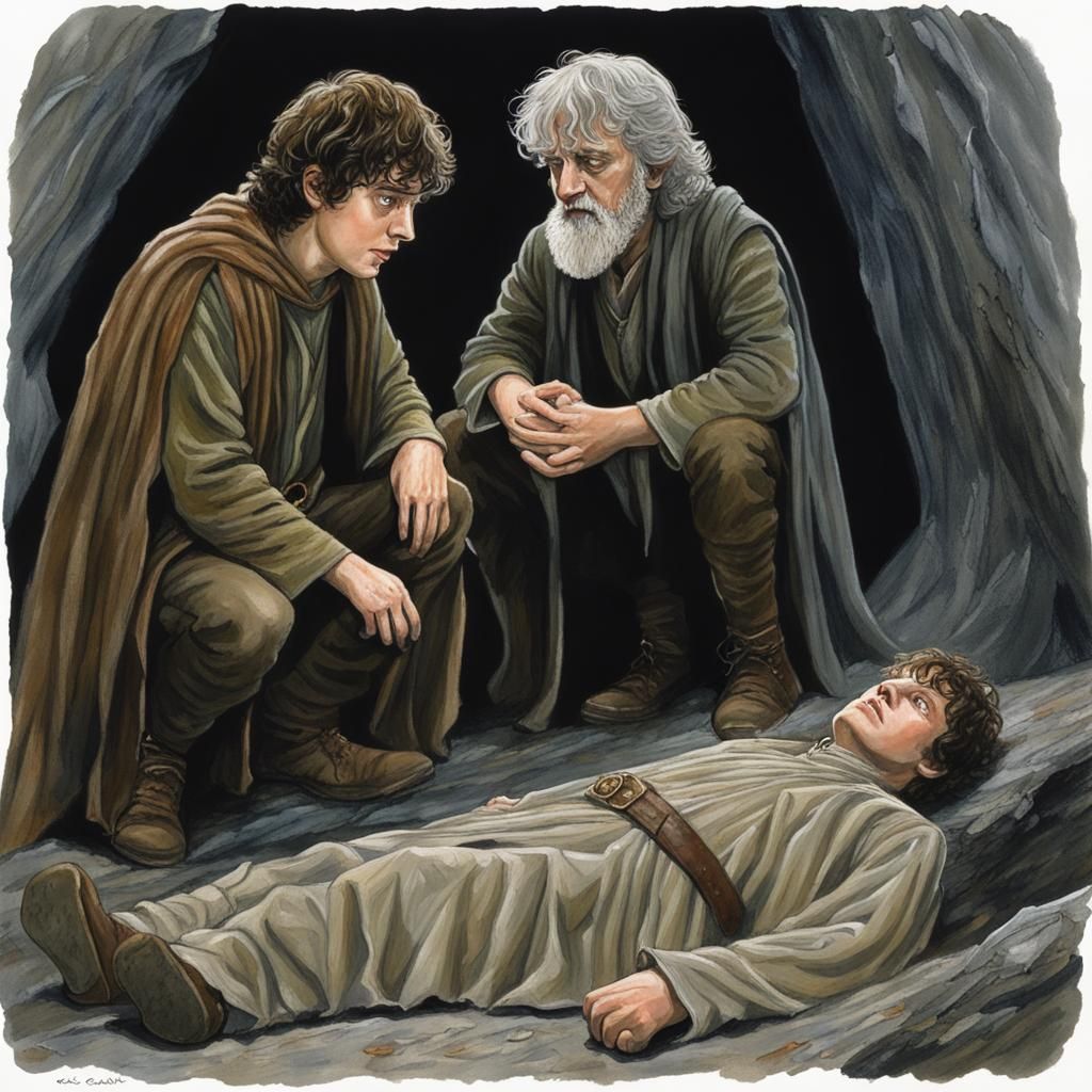 Frodo Baggins and Sam Gamgee look down at the dead body of Saruman the ...