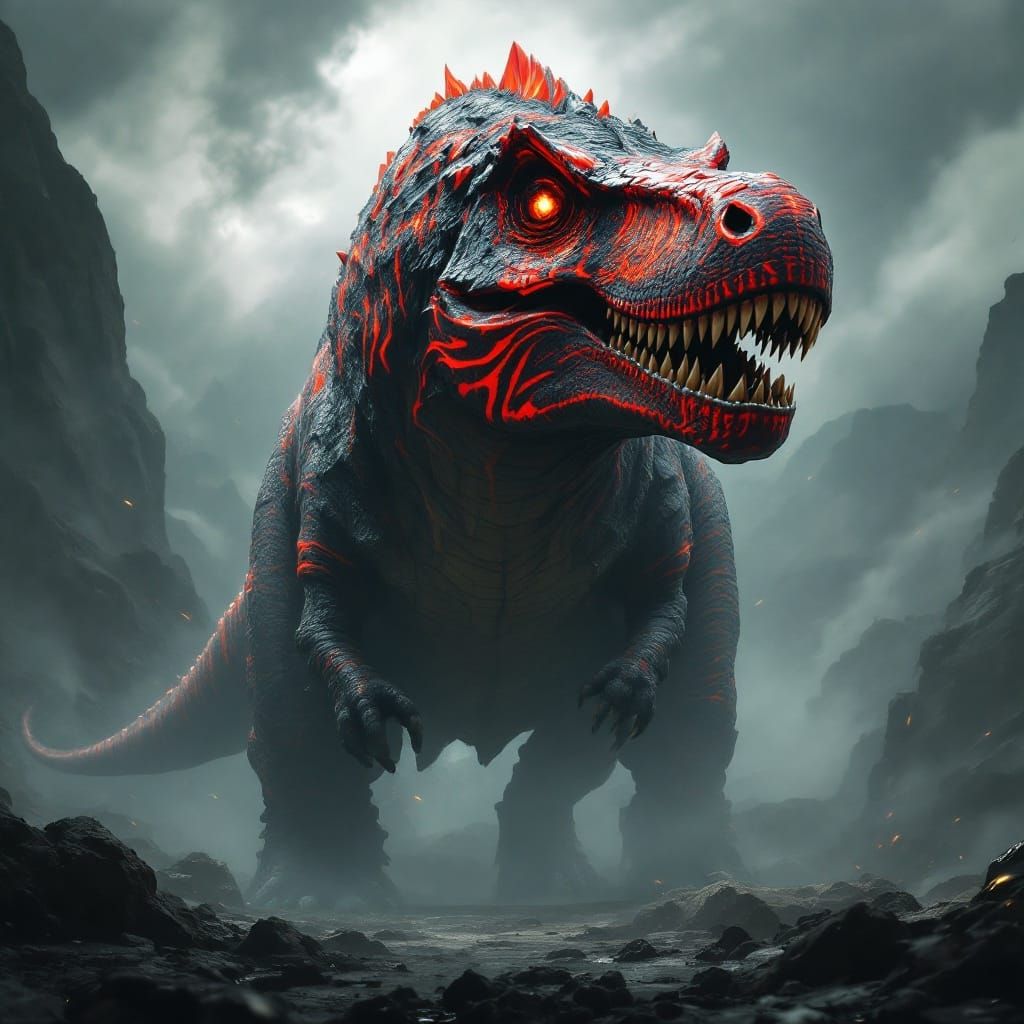 Majestic Iridescent Tyrannosaurus Rex in Chaos - AI Art