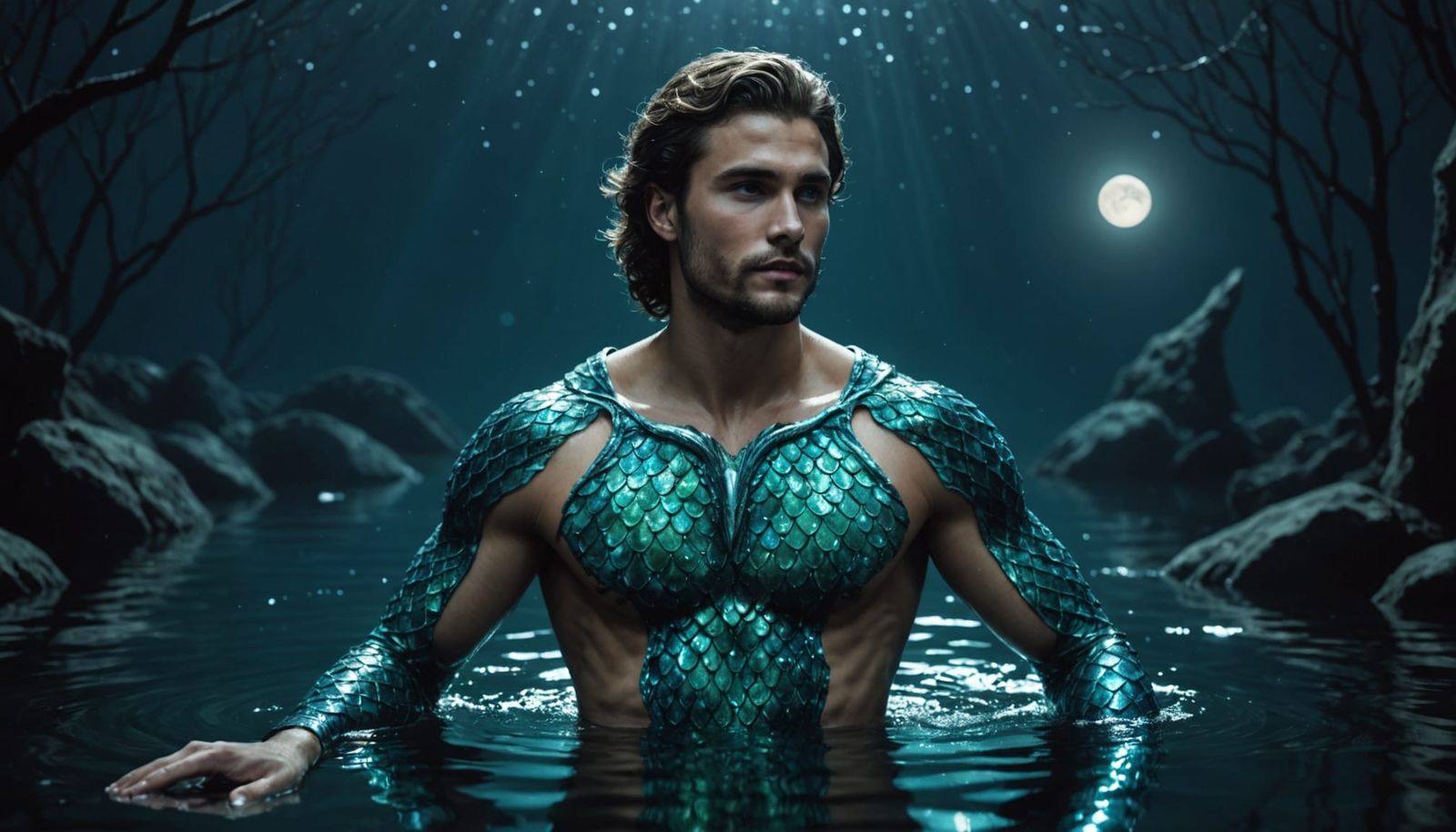 Handsome Male Merman in glistening moonlit water