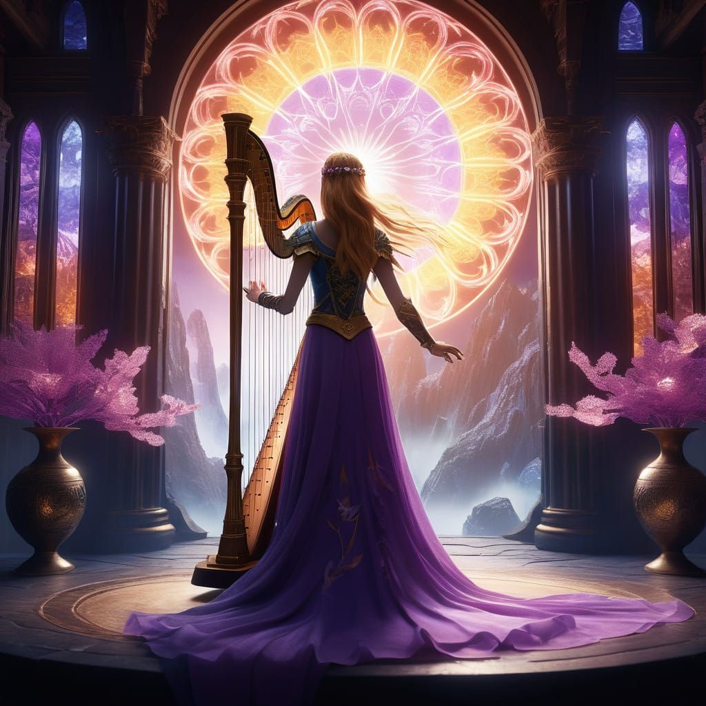 Ethereal Harpist in Whimsical Fantasy Realm - AI Art