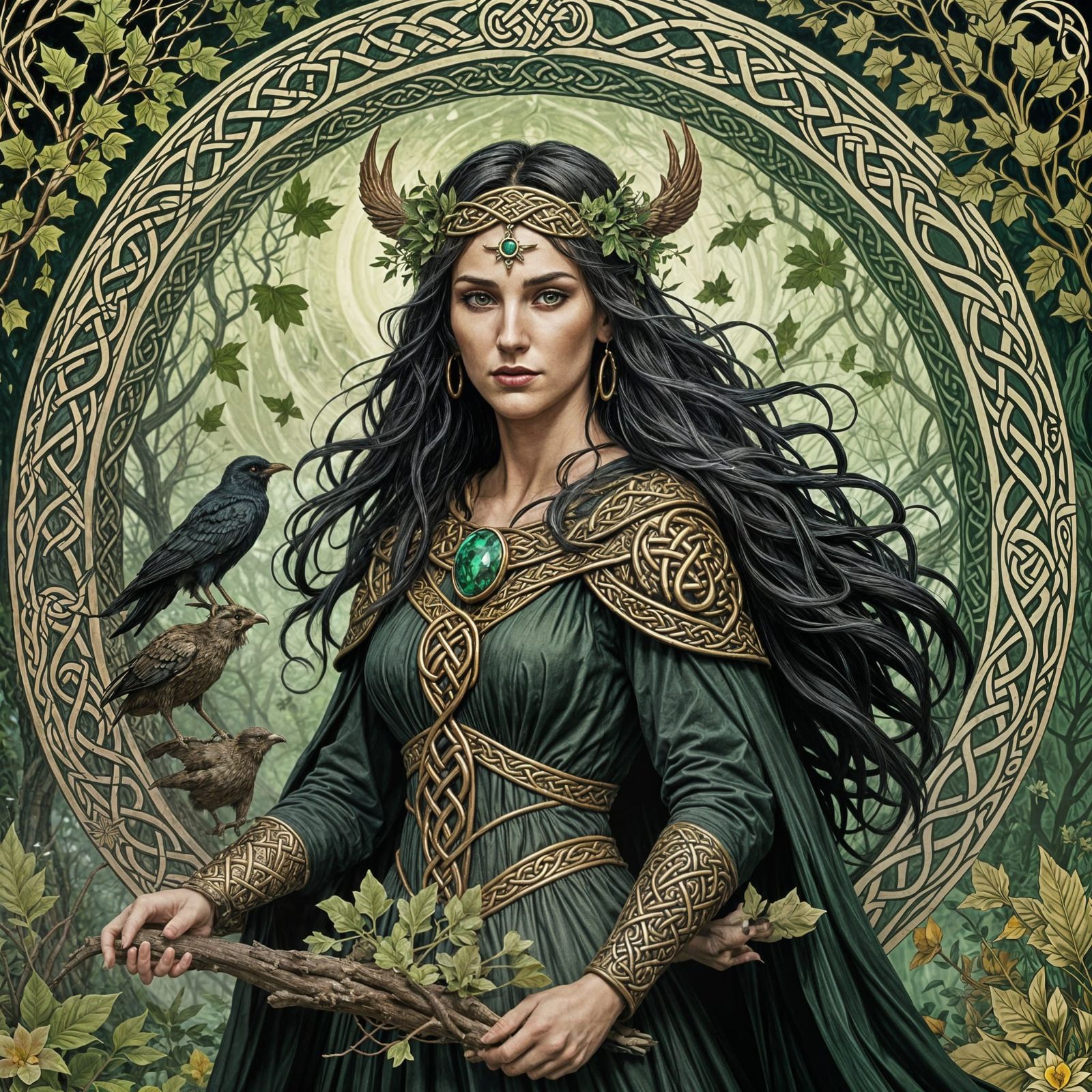A depiction of a Celtic deity, the Morrigan surrounded by elements of ...