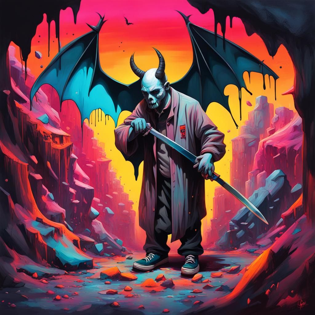 amoung us with a knife and a dead body and a bat with horns flying and ...