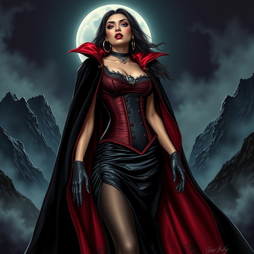 Ethereal Vampire Queen in Velvet Cape and Corset - AI Art