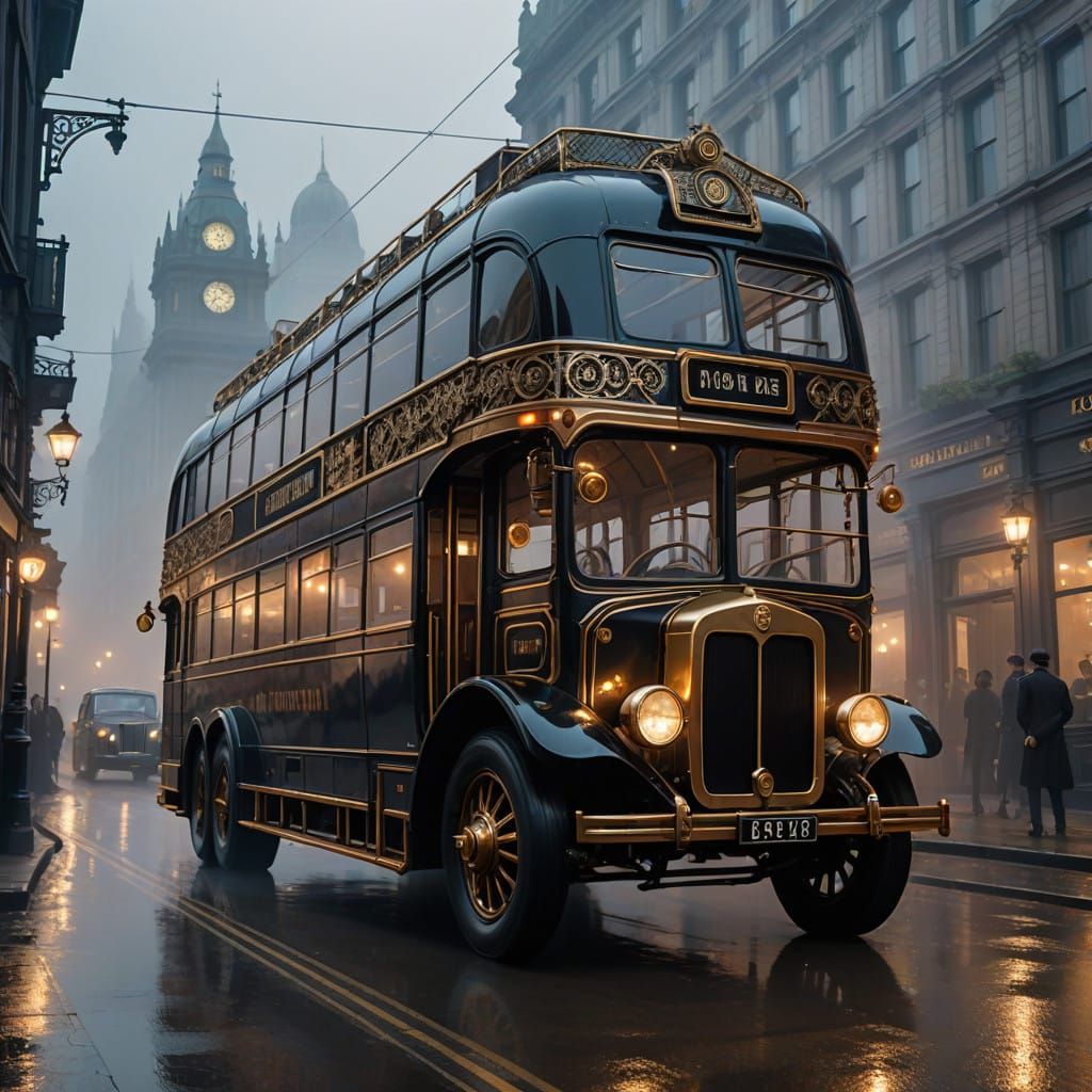 Majestic Victorian Steampunk Bus in London Fog - AI Art