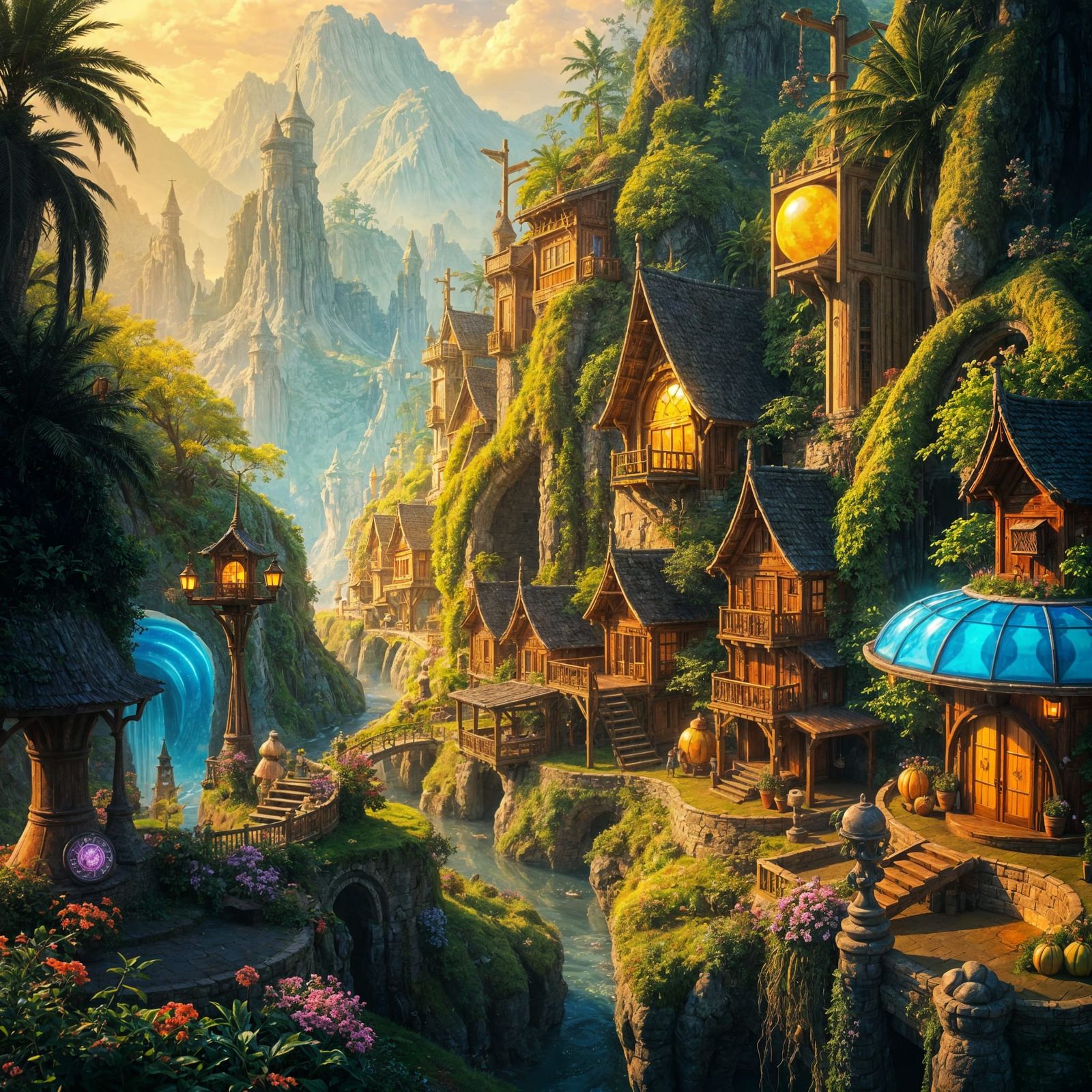 A beautiful fantasy solarpunk village, colorful