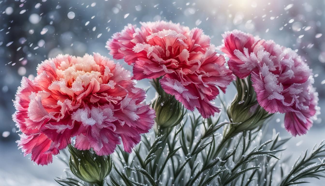 Crystal Rainbow Carnations Bush in Winter - AI Art