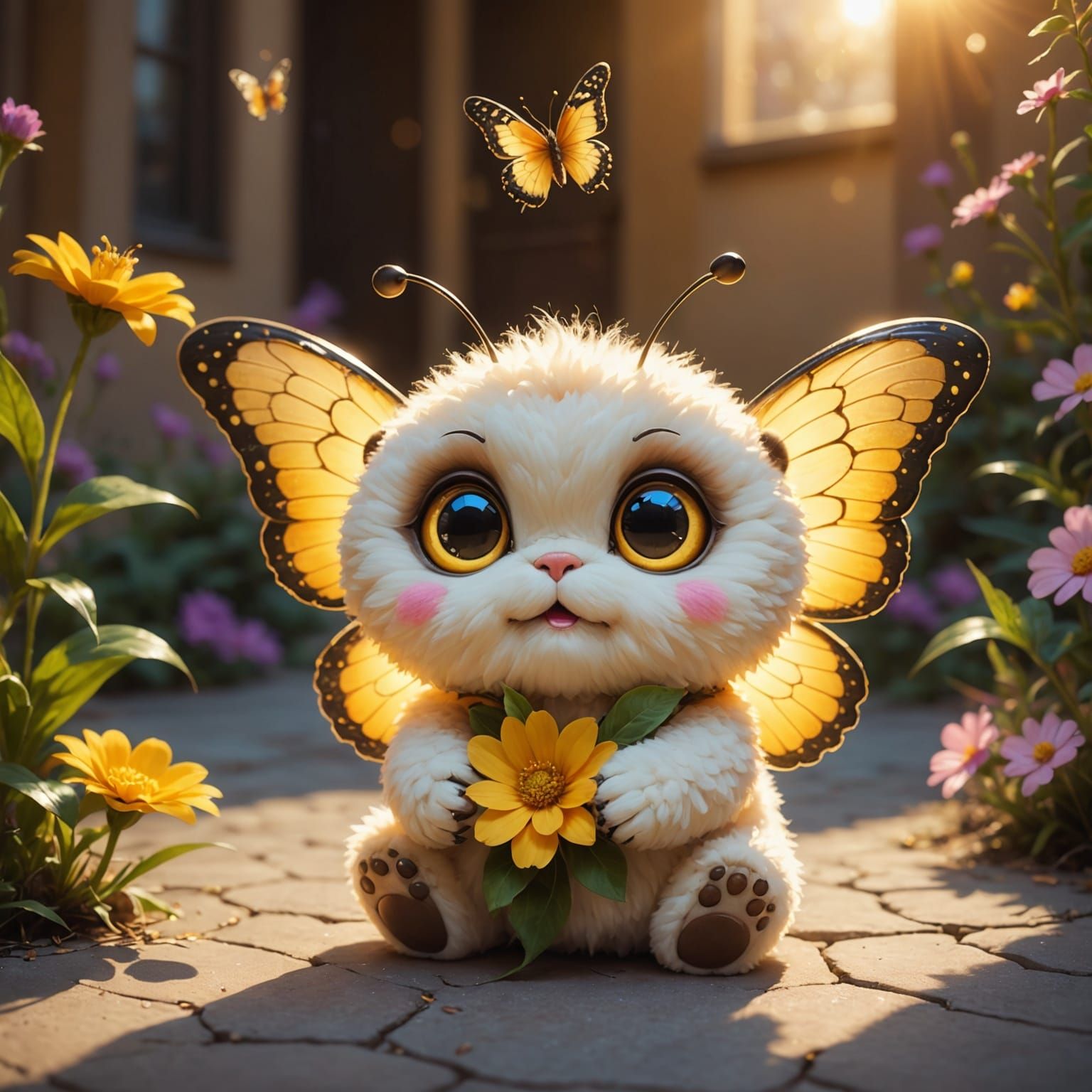 A tiny, chubby creature with oversized sparkling eyes, soft fluffy fur ...