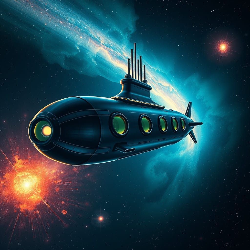 submarine in space - Futuristic Submarine Sails Through Star...