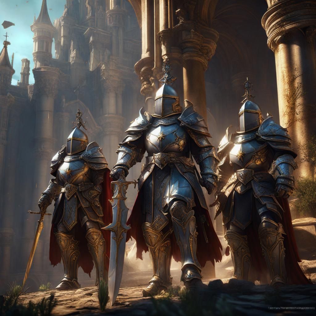 Three Grand Knights On A Crusade Epic cinematic brilliant stunning intricate meticulously ...
