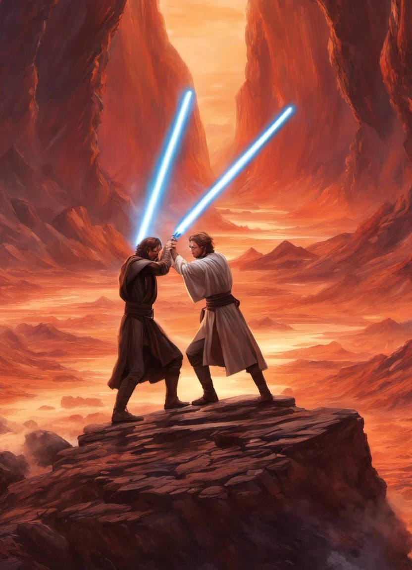 Star Wars Anakin Skywalker and Obi-Wan Kenobi fighting light saber duel ...