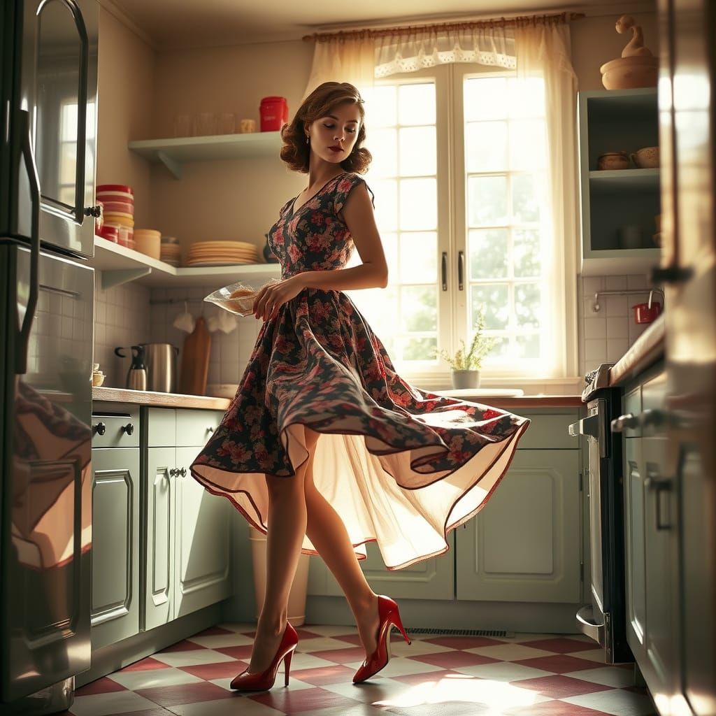 Glamorous Housewife Baking in Vintage Kitchen, Cin... - AI Art
